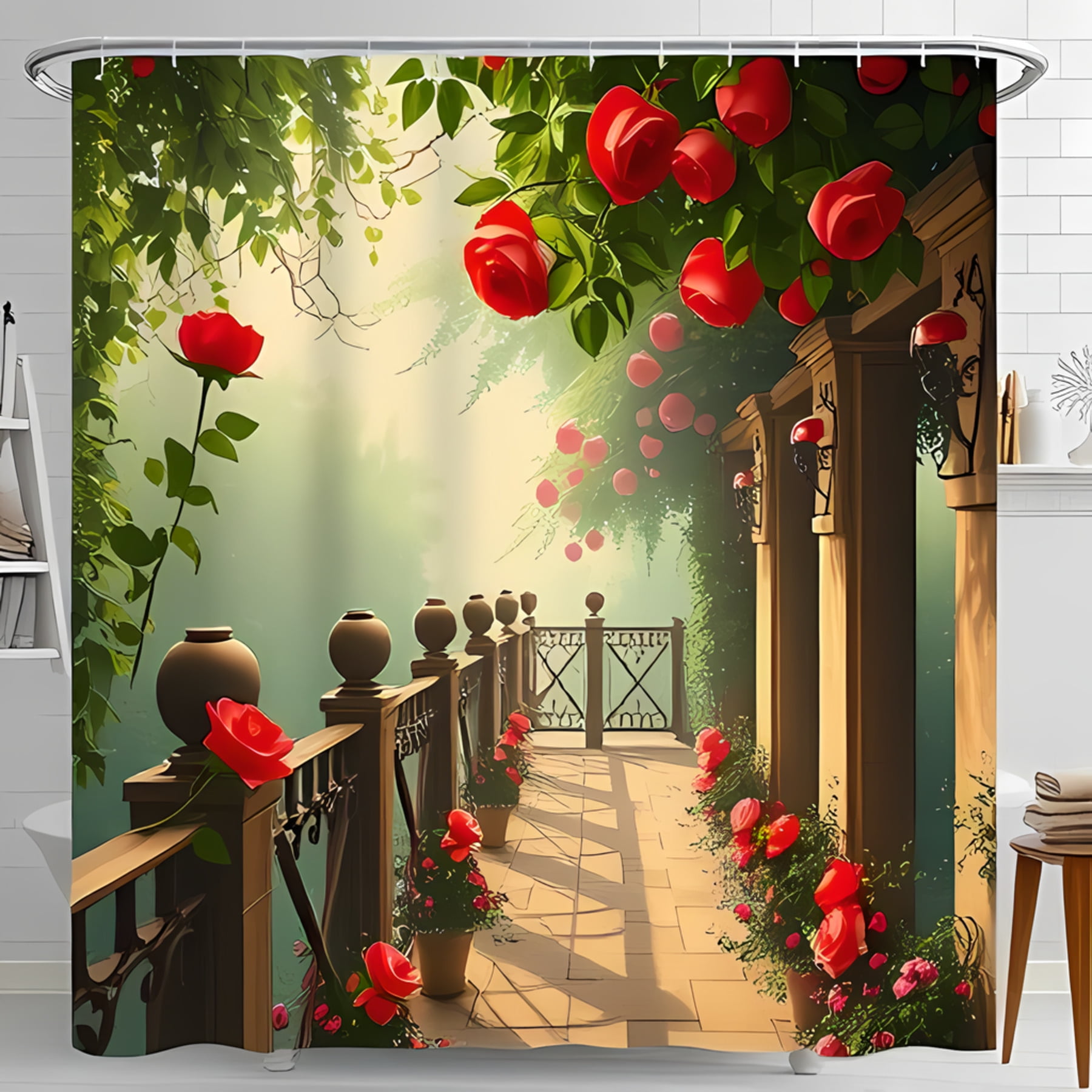 Elegant Garden Pathway Shower Curtain - Roses & Wrought- Gate Design for a Serene Bathroom ...