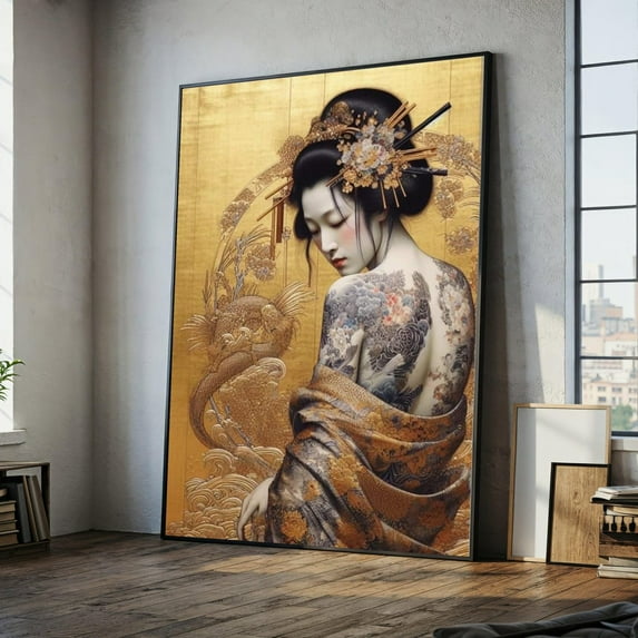 Elegant Geisha With Dragon Tattoo Canvas, Japanese Art Wall Decor, Traditional Asian Woman ...