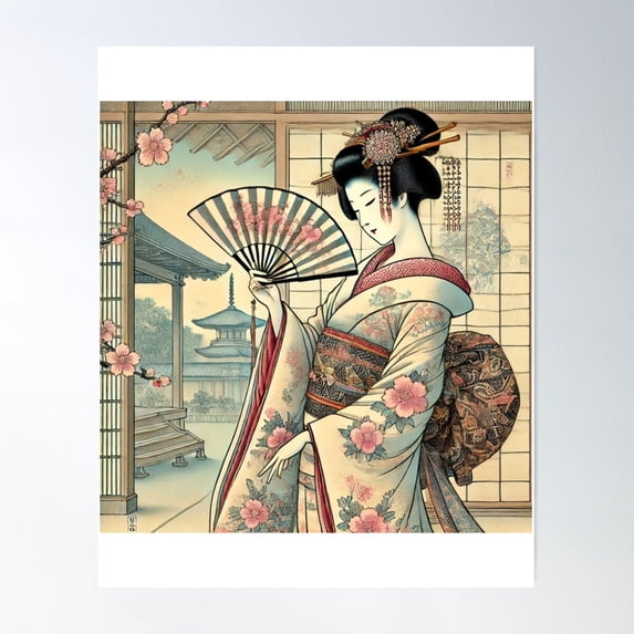 Elegant Geisha In Floral Kimono Ukiyo-E Poster Wall Art Modern Wall ...
