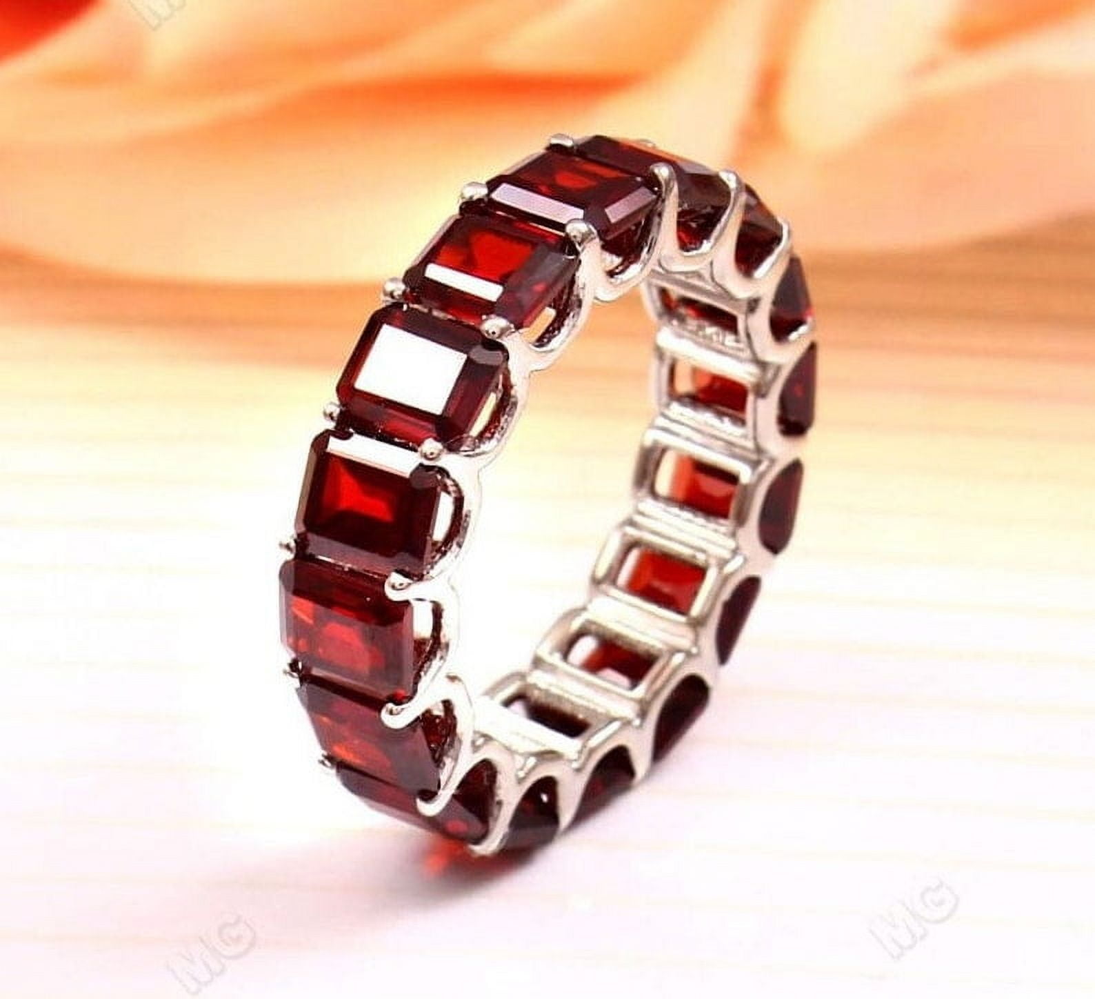 Elegant Genuine Full Red Garnet Engagement Ring with 14K Yellow Gold Plated Eternity Band ...