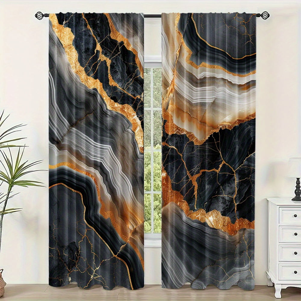 Elegant Geometric Wave Pattern 2-Piece Semi-Blackout Curtain Rod Pocket ...