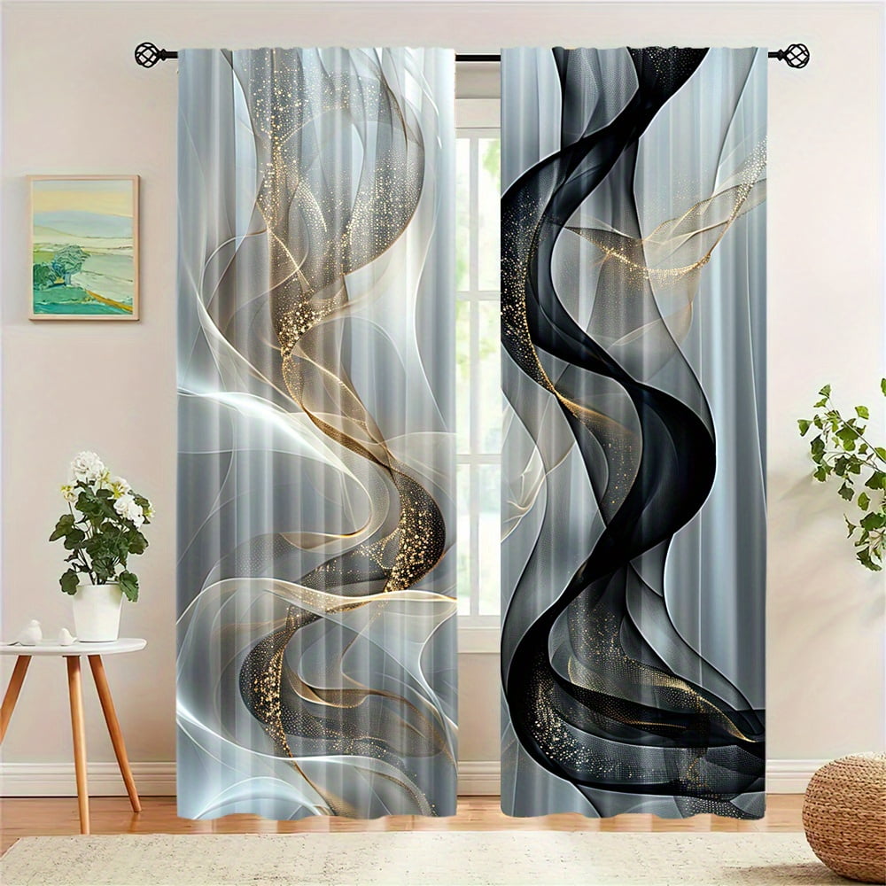 Elegant Geometric Wave Pattern 2-Piece Semi-Blackout Curtain Rod Pocket ...
