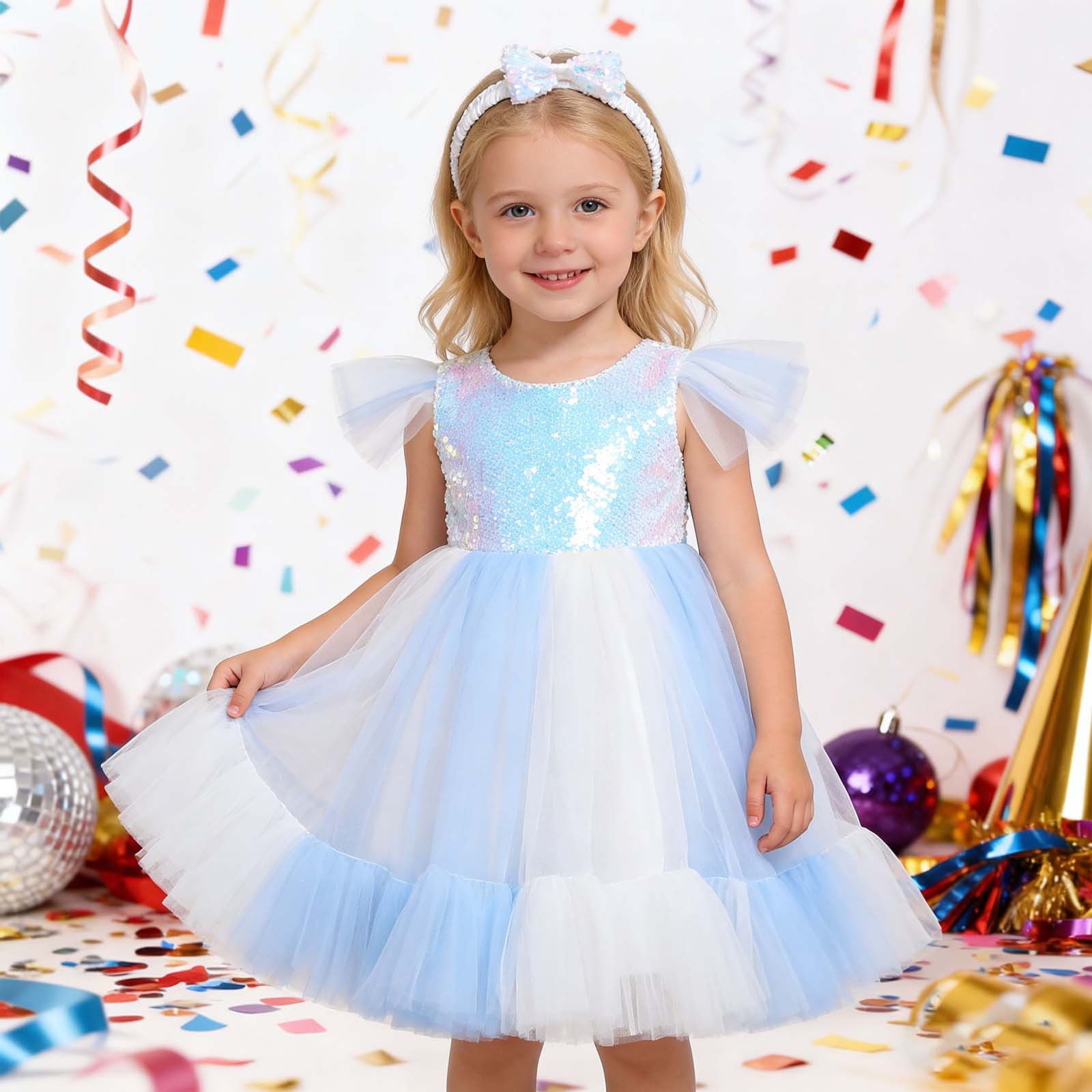 Elegant Girls Party Dress with Glitter Sash and Puffy Sleeves Formal ...
