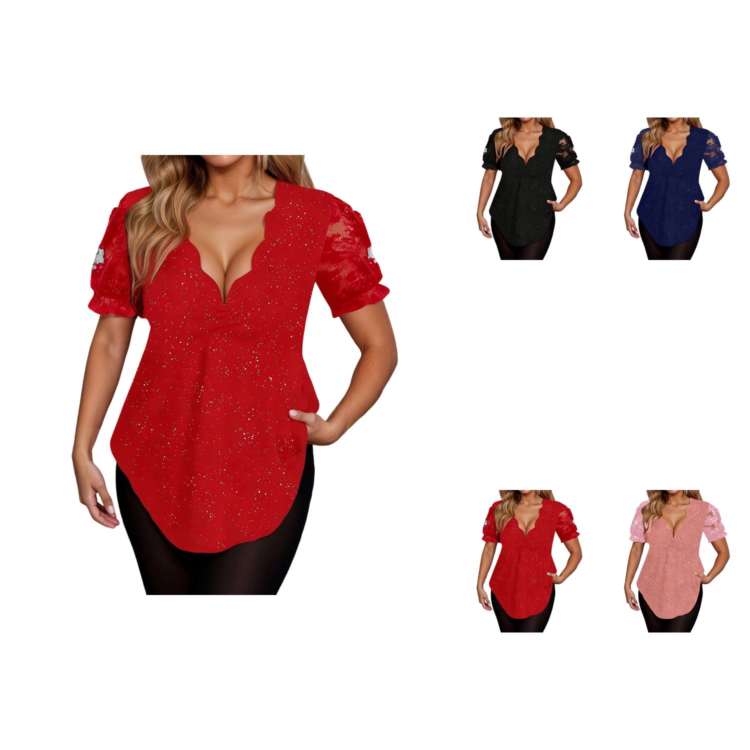 Elegant Glitter Lace Collar Short Sleeve Crop T-Shirt for Women – Sheer ...