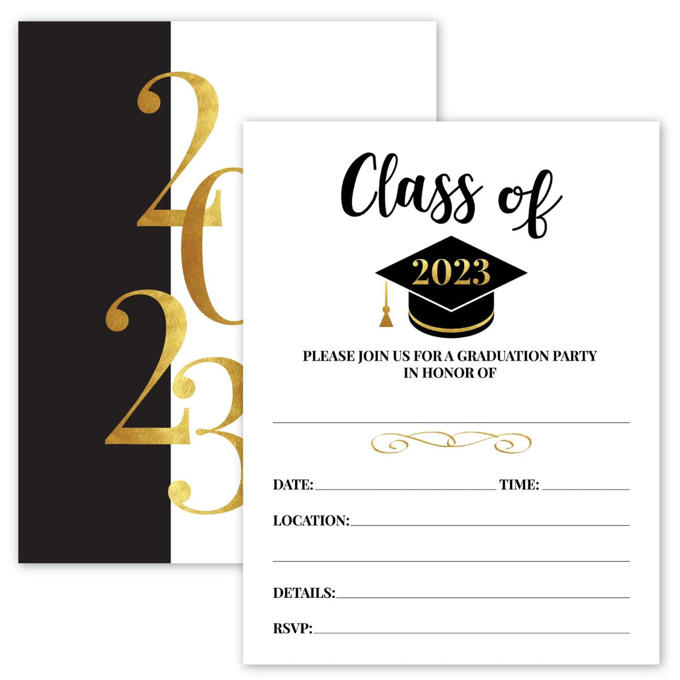 Elegant Gold and Black Graduation Invitations with Envelopes for 2023 ...