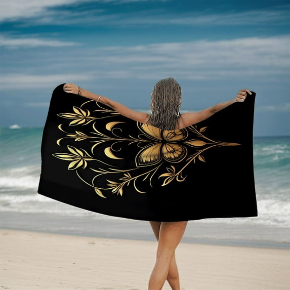 Elegant Gold Butterfly Design Beach Towel - Intricate Floral Patterns ...