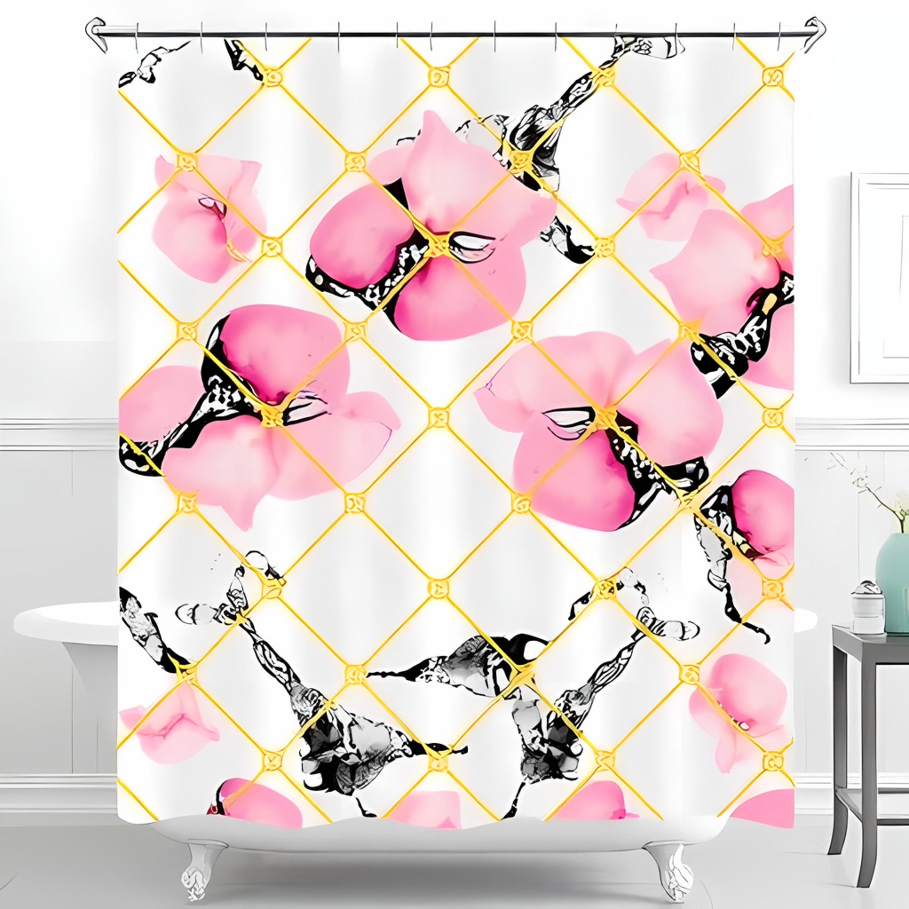 Elegant Gold Chain Shower Curtain with Pink Watercolor Blossoms ...