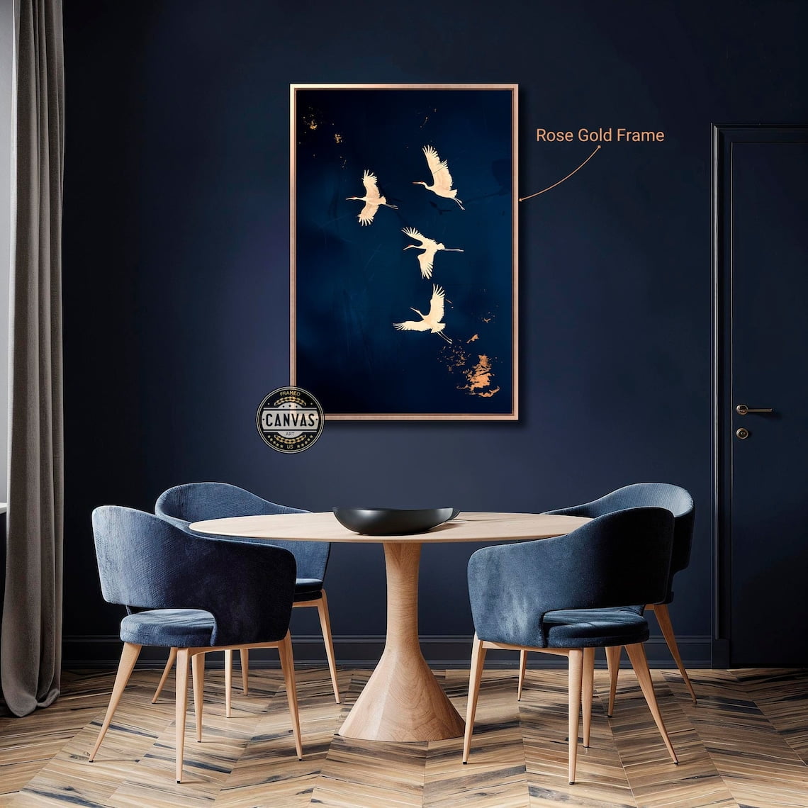 Elegant Gold Cranes Poster Dark Blue Background Wall Art Birds In ...