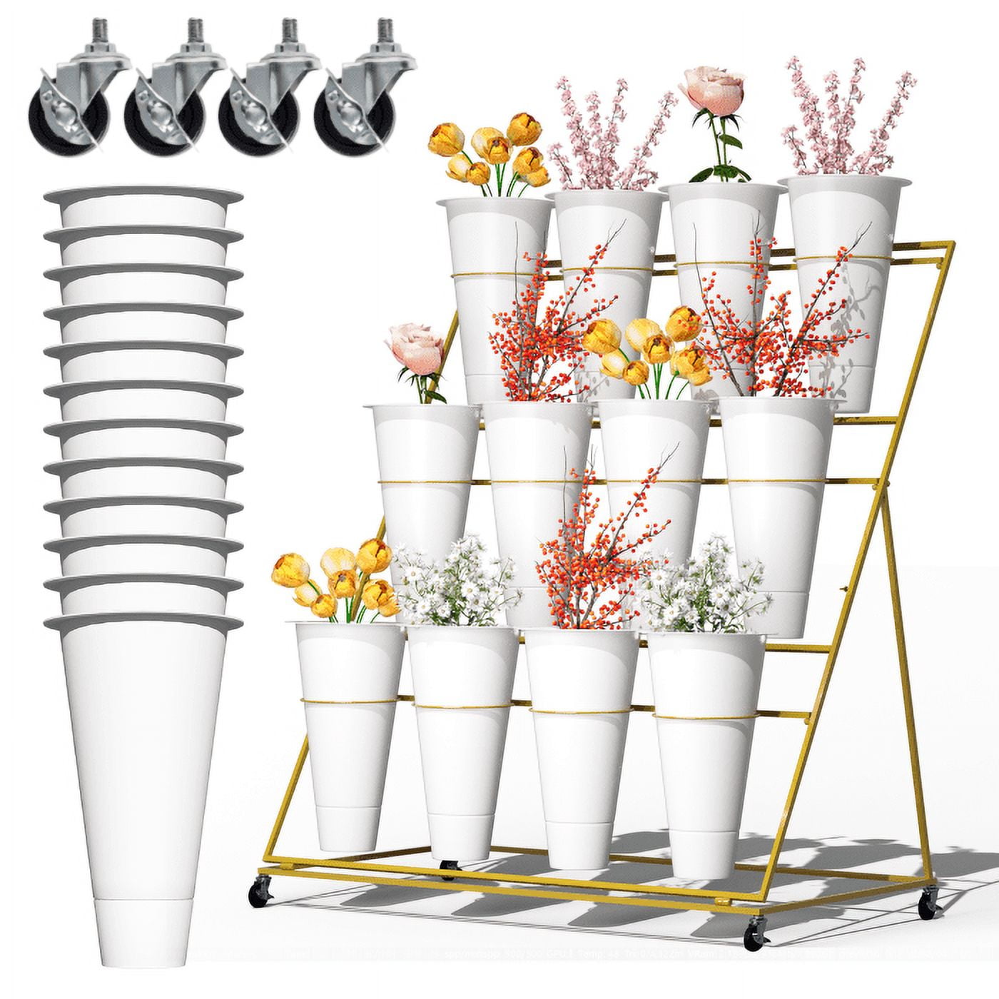 Elegant Gold Frame Plant Stand, 12 White Buckets Flower Cart, Versatile ...