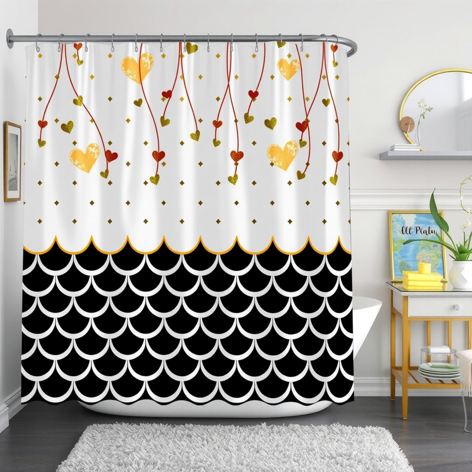Elegant Gold Heart & Fish Scale Shower Curtain - White & Black Design ...