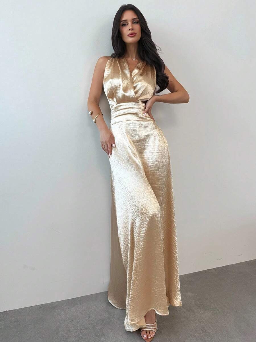 Elegant Gold Metallic Halter Neck Pleated A-Line Maxi Dress For Women ...
