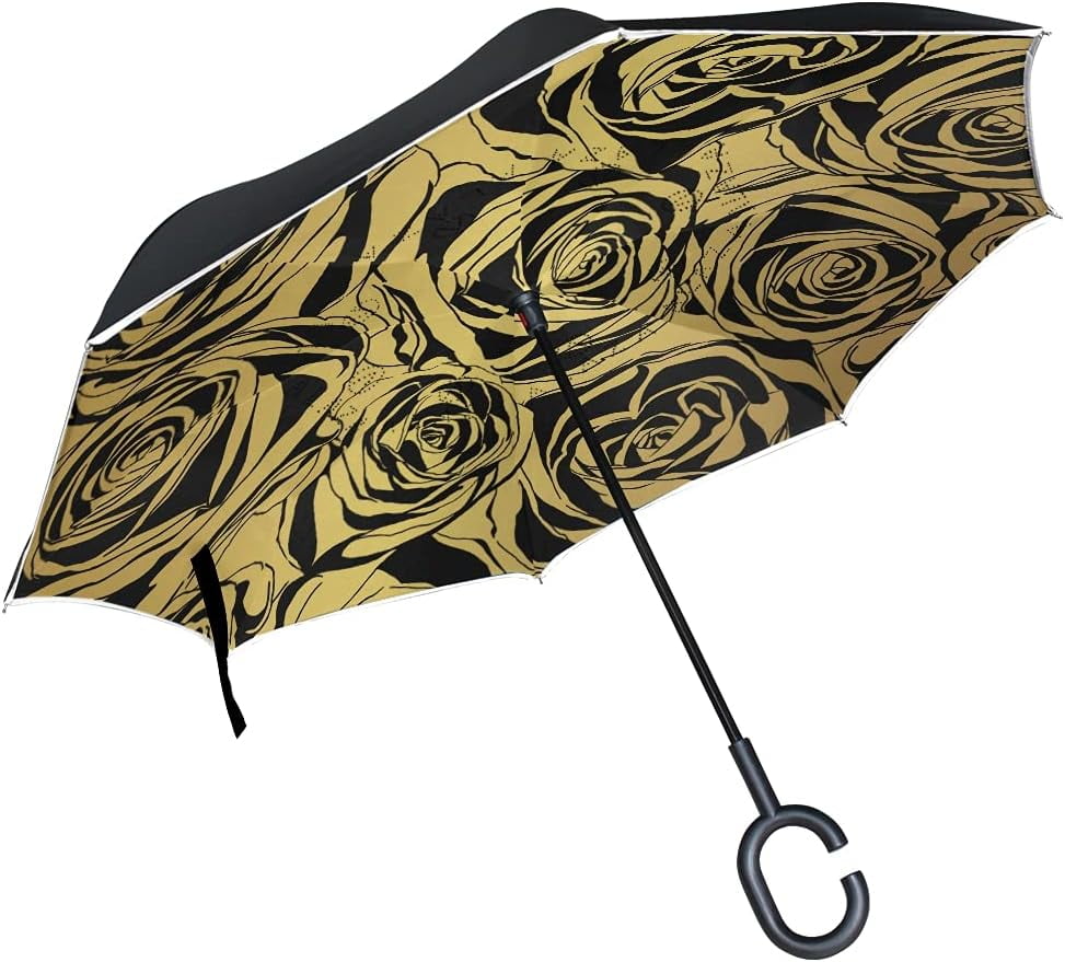 Elegant Gold Rose Flower Floral Windproof Inverted Open Close Reverse ...