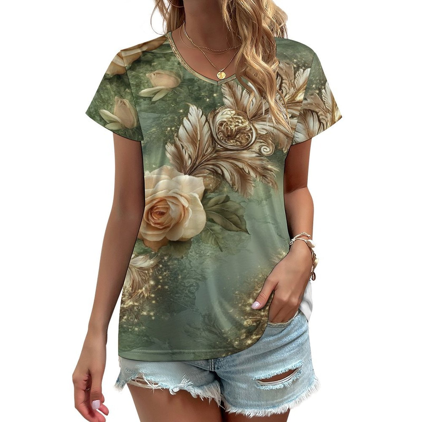 Elegant Gold Roses Floral Design Women's Blouse Short Sleeve Women's ...