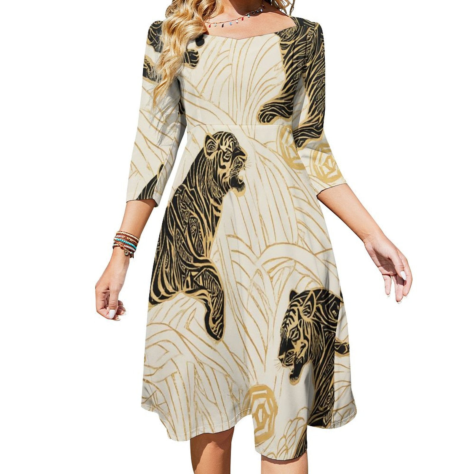 Elegant Gold Tigers Jungle Print Women's Fall Dresses Casual Loose ...