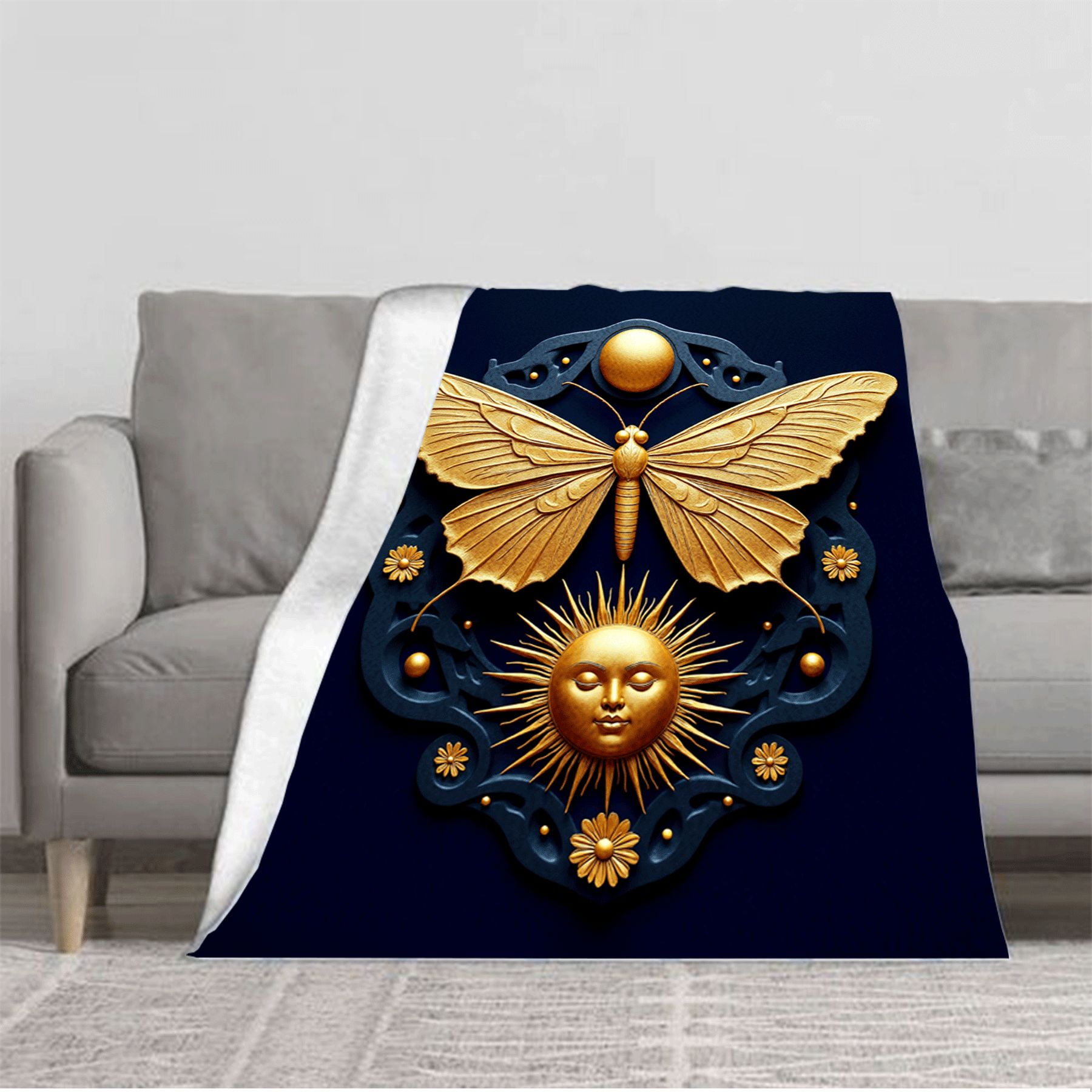 Elegant Golden Butterfly and Sun Design Flannel Blanket - Soft Cozy ...