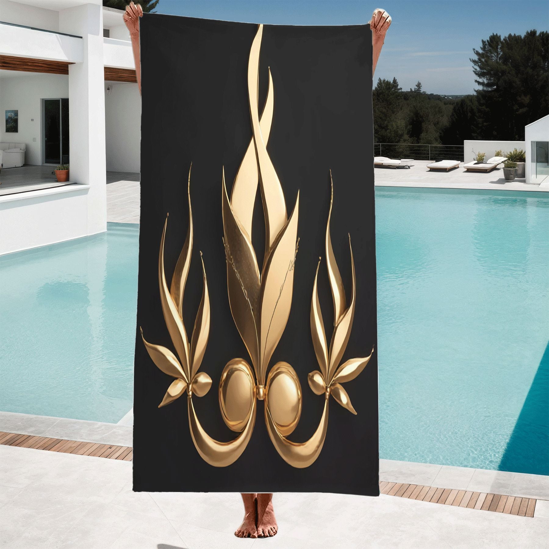 Elegant Golden Floral Motif Beach & Pool Towel - Design with Stylized ...