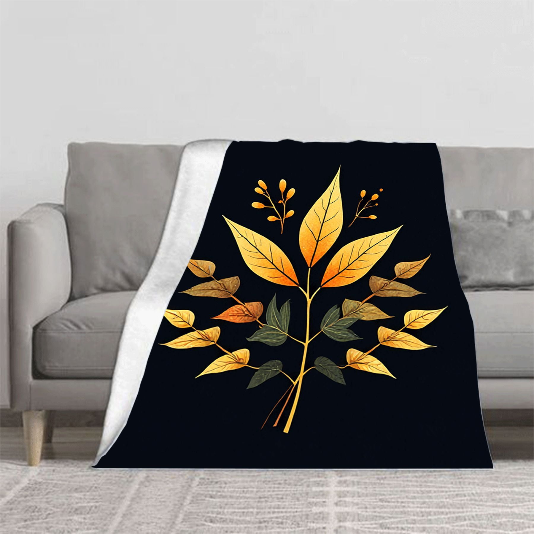 Elegant Golden Leaf Pattern Flannel Blanket - Soft Cozy and Warm for ...