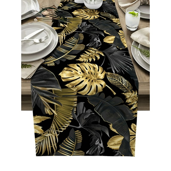 Elegant Golden Leaves Black Background Table Runner for Dining Table ...