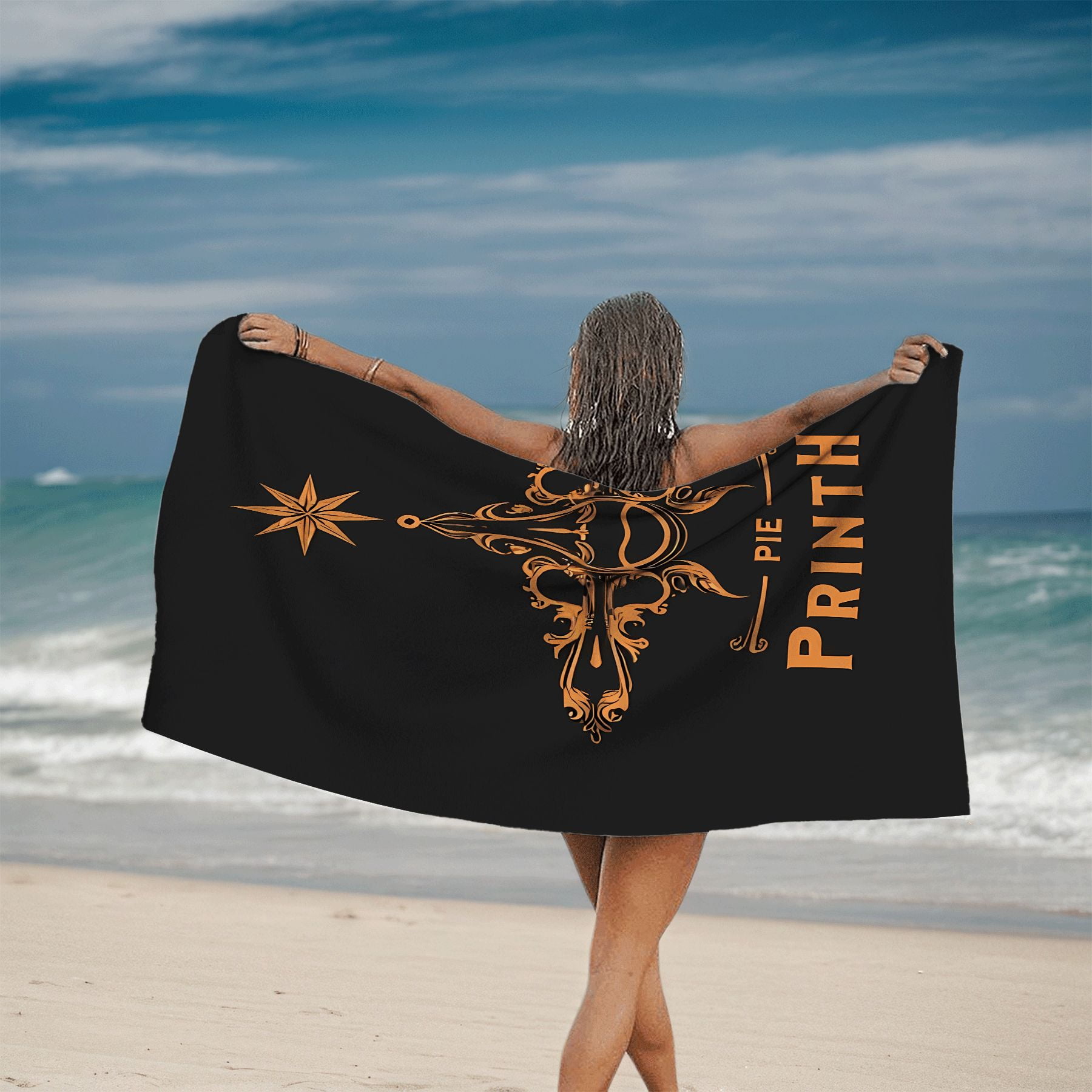 Elegant Golden - Orange Star Compass Design Beach Towel - Luxurious ...
