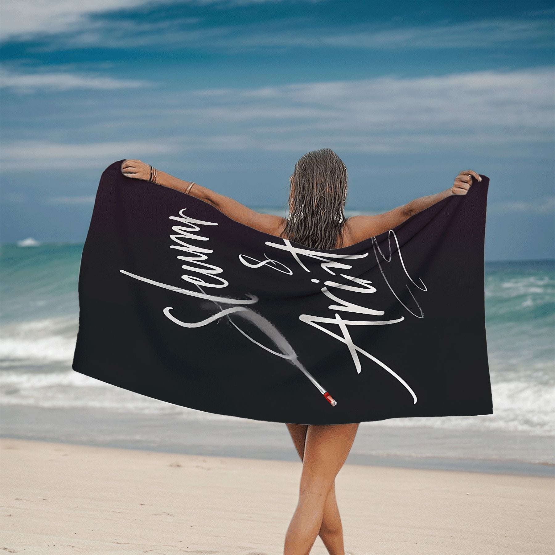 Elegant Gradient Beach Towel - Black to Purple with Artistic Feather ...