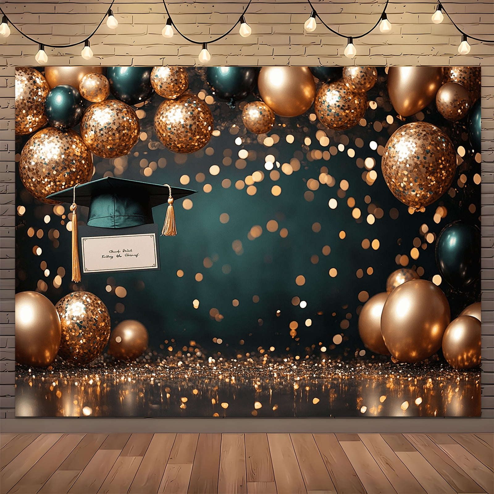 Elegant Graduation Cap and Balloons Backdrop Golden Glitter Grad Party ...