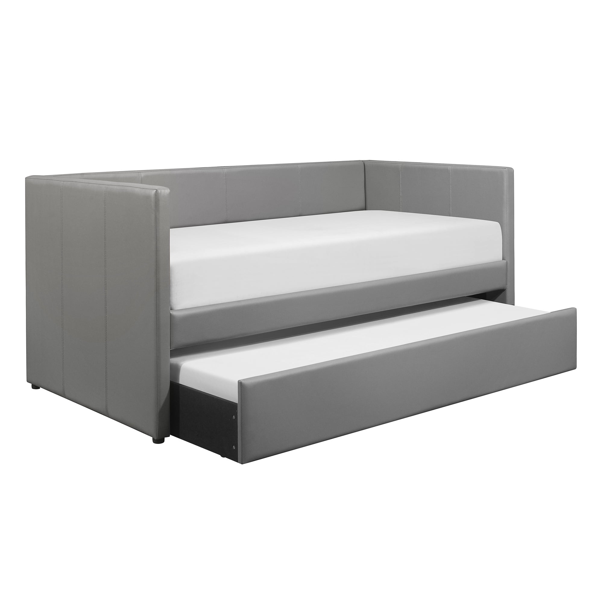 Elegant Gray Faux Leather Daybed With Collapsible Trundle, Wood Frame ...