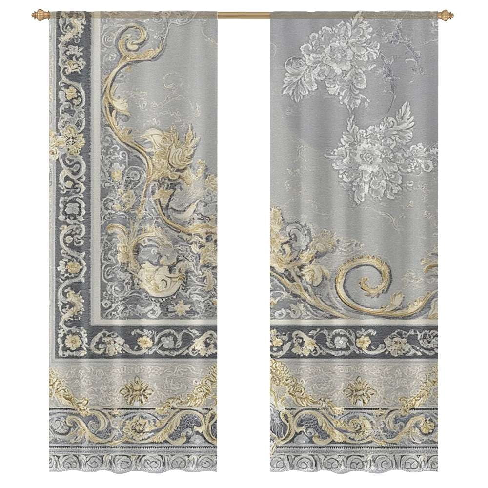 Elegant Gray Floral Rug Design Tulle Curtains For Living Room Chiffon ...