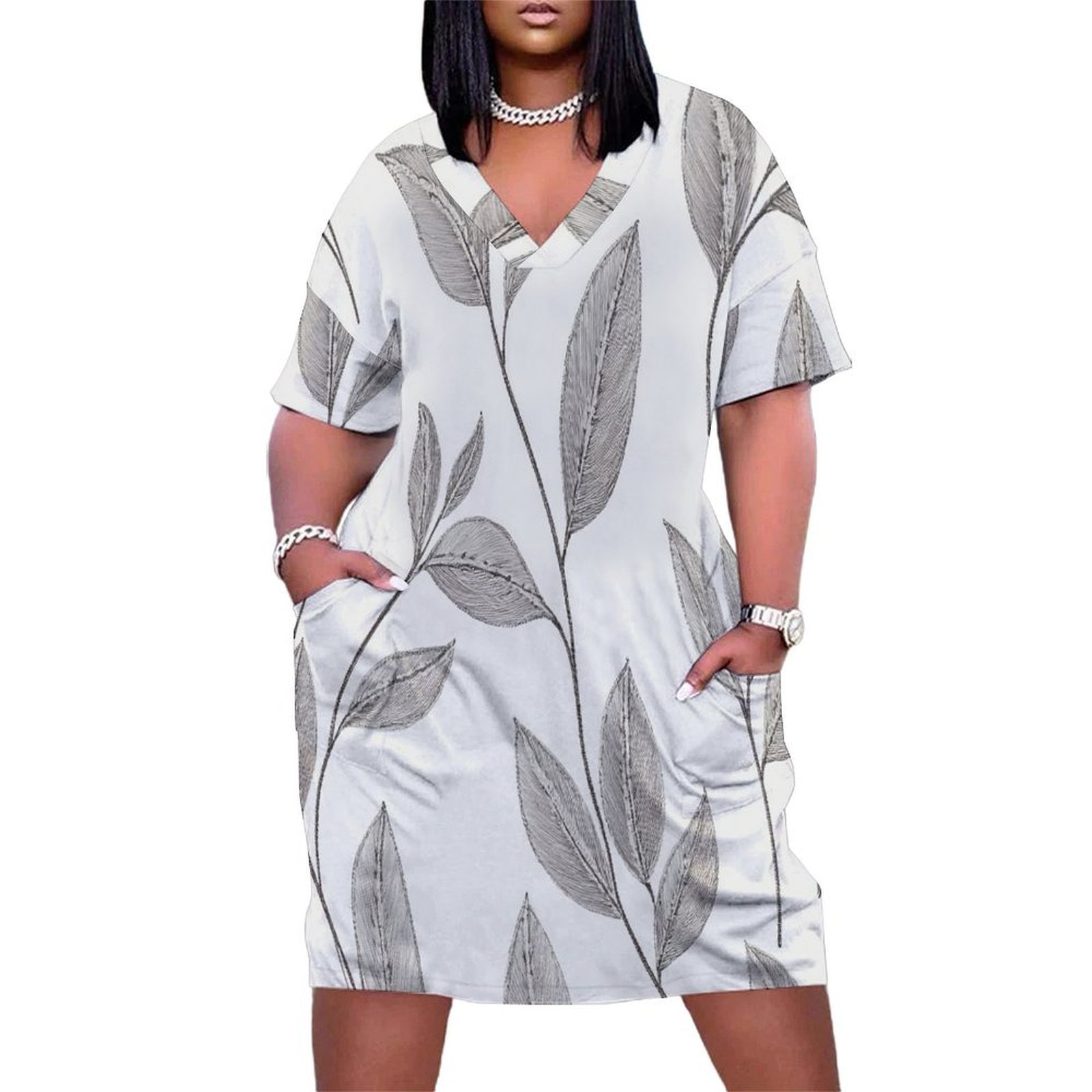 Elegant Gray Leaf Wallpaper Loose Pocket Dress Dresses Summer Summer ...