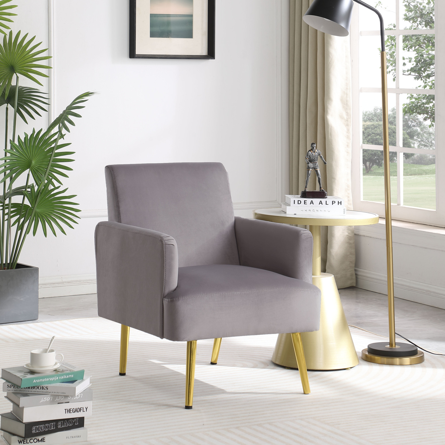 Elegant Gray Velvet Reading Armchair - Comfy Living Room Accent Chair ...