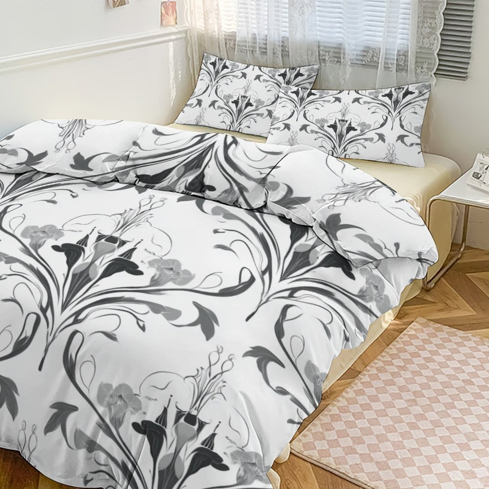 Elegant Grayscale Floral Damask Pattern Bedding Sets Twin Duvet Cover 3 ...