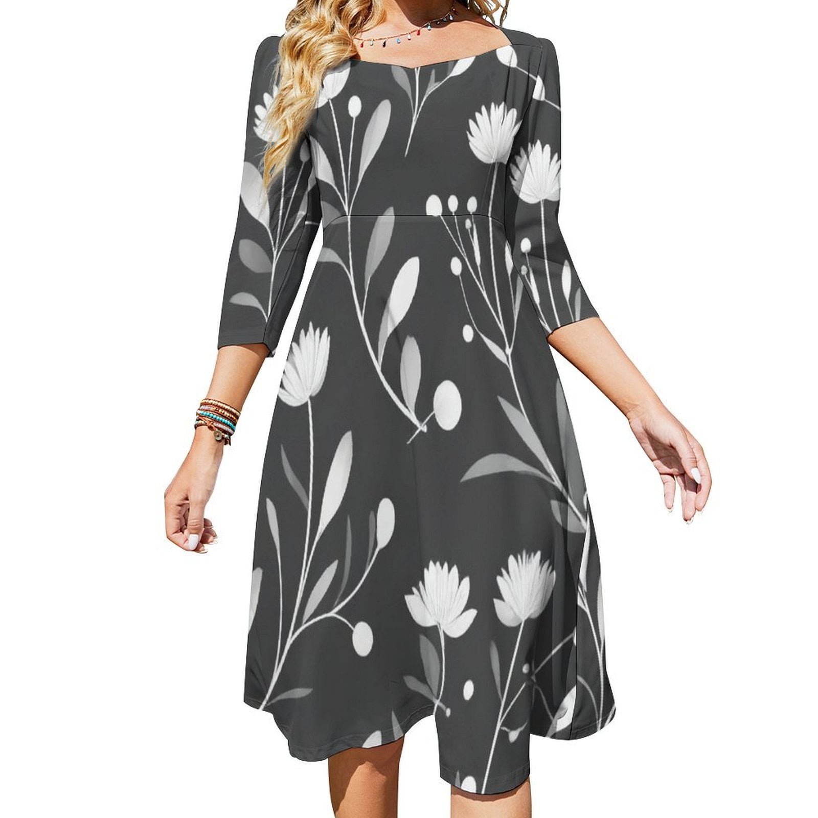 Elegant Grayscale Floral Pattern Sweetheart Knot Flared Dress Fashion ...