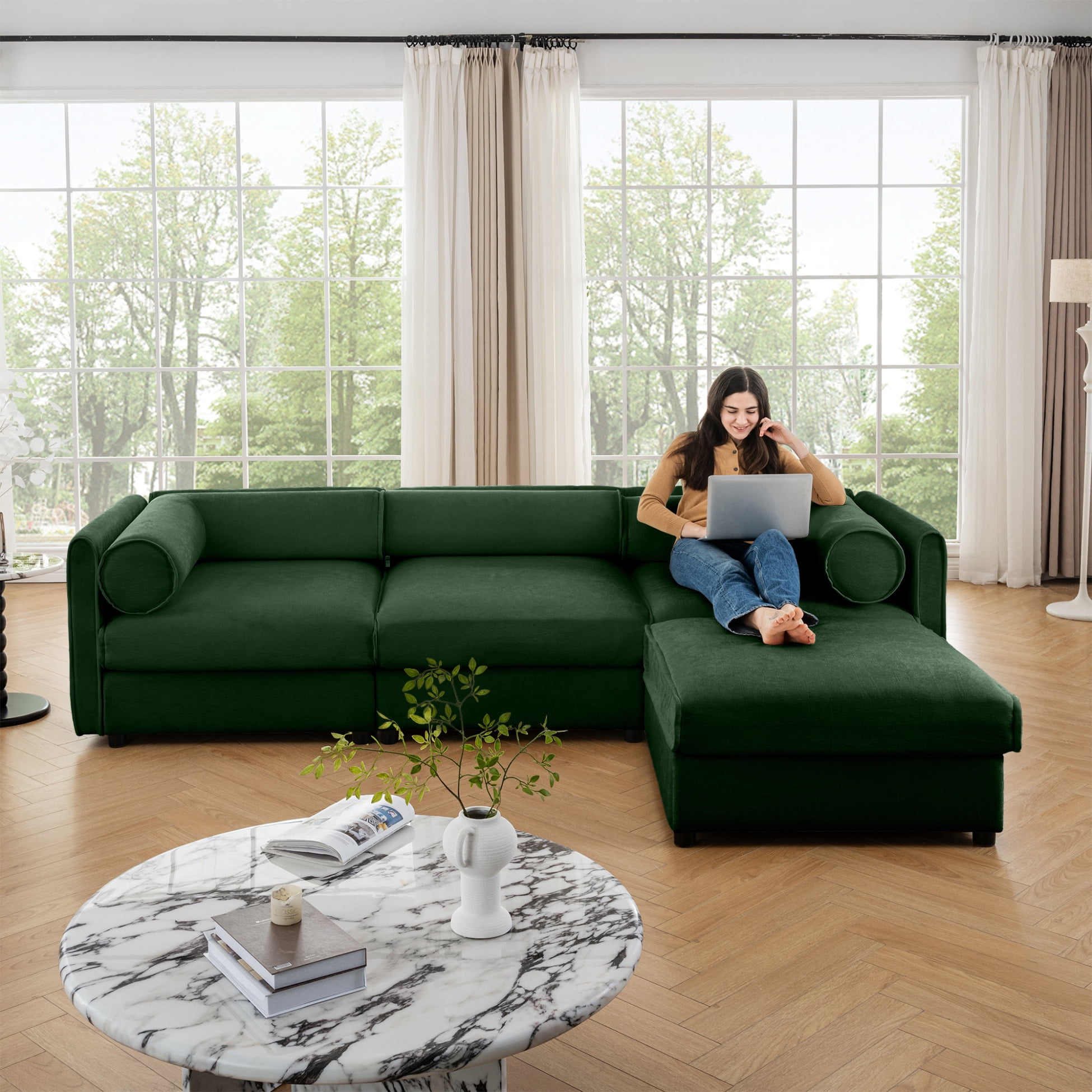 Elegant Green Chenille Sofa with Storage Ottoman, L-Shaped Sectional ...