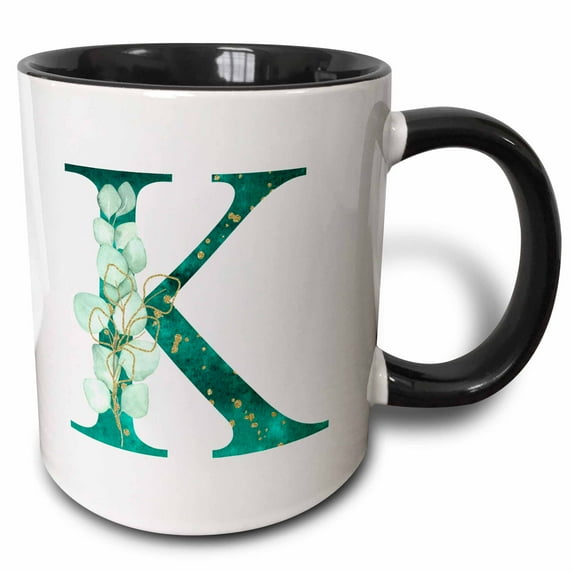 3drose, Elegant Green Monogram Initial K with Eucalyptus Leaves, 15oz Two-tone Black Mug ...
