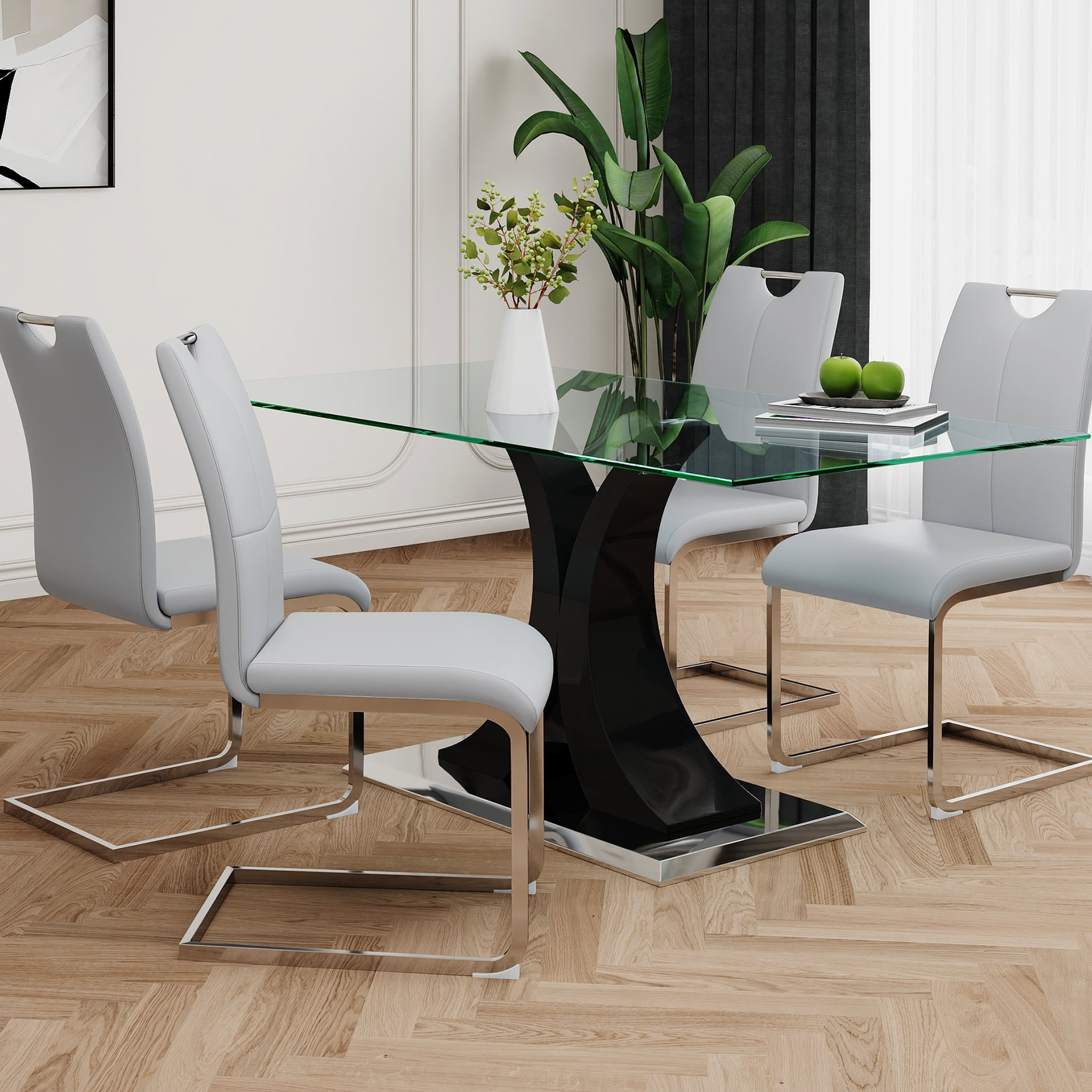 Elegant Grey Dining Chair And Modern Glass Table - Solid Support For ...