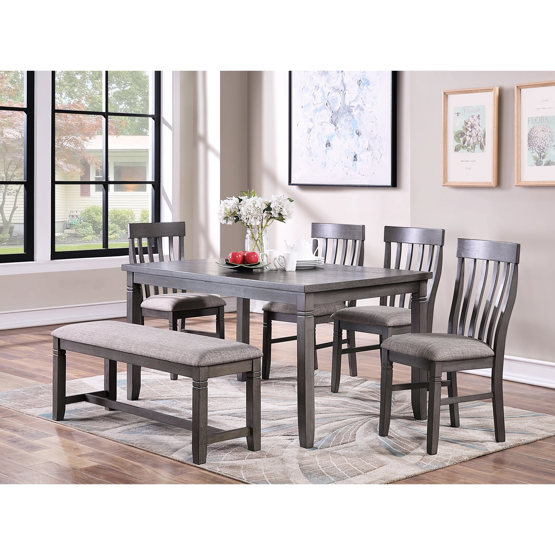 Elegant Grey Dining Room Table 6pc - Solid Wood With 4 Chairs & Bench ...