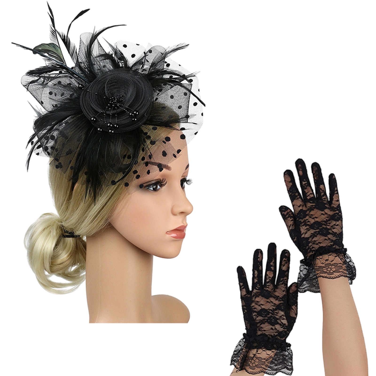 Elegant Hair Clip Pillbox Fascinator Hairpiece Wrist Lace Gloves Set ...