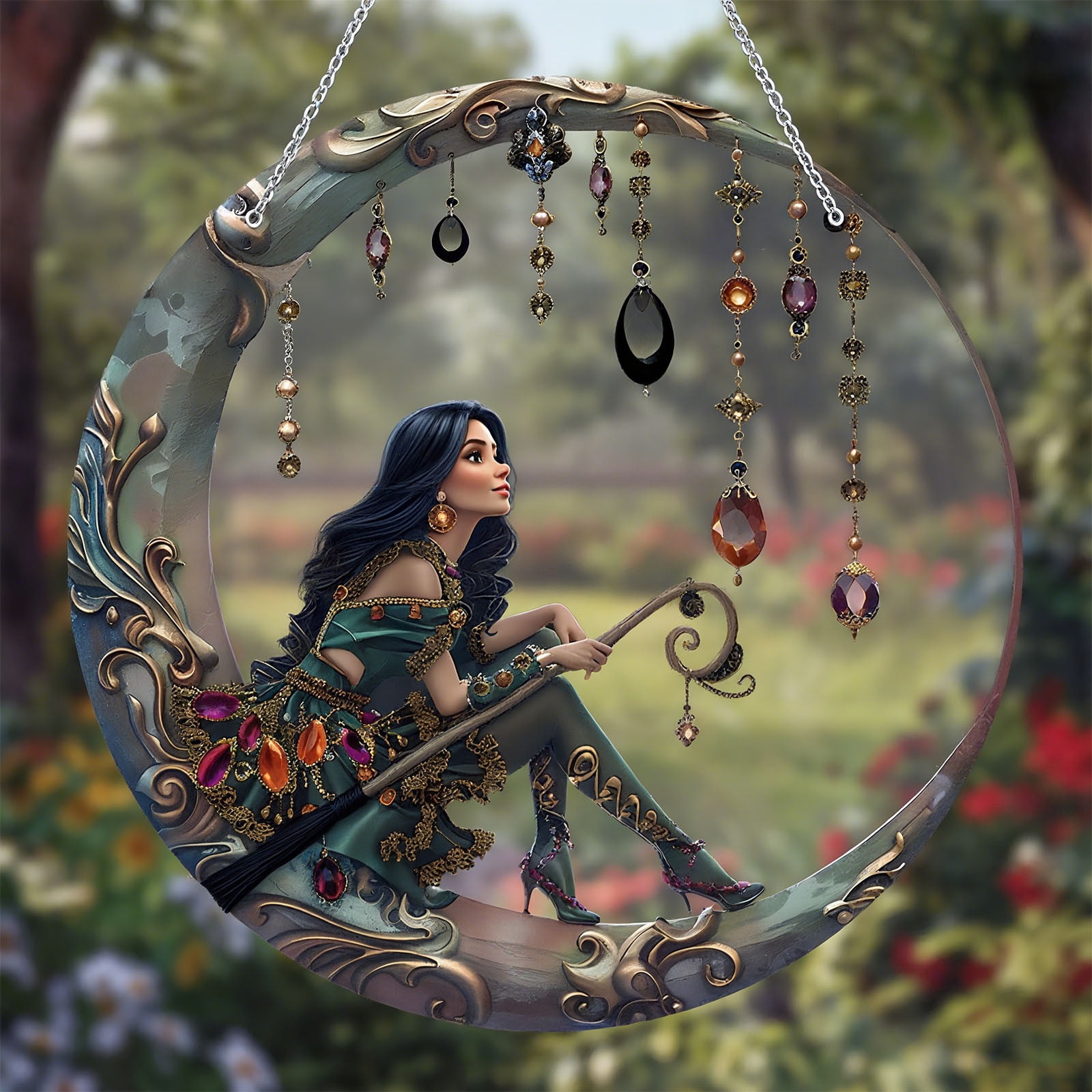 Elegant Halloween Suncatcher with Black Moon and Witch - Hanging Witch ...