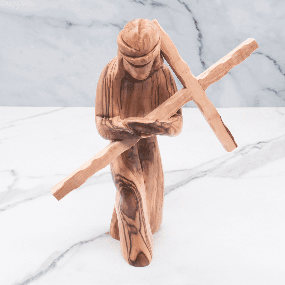 Elegant Hand Carved Olive Wood Statue of Jesus Holding a Cross ...