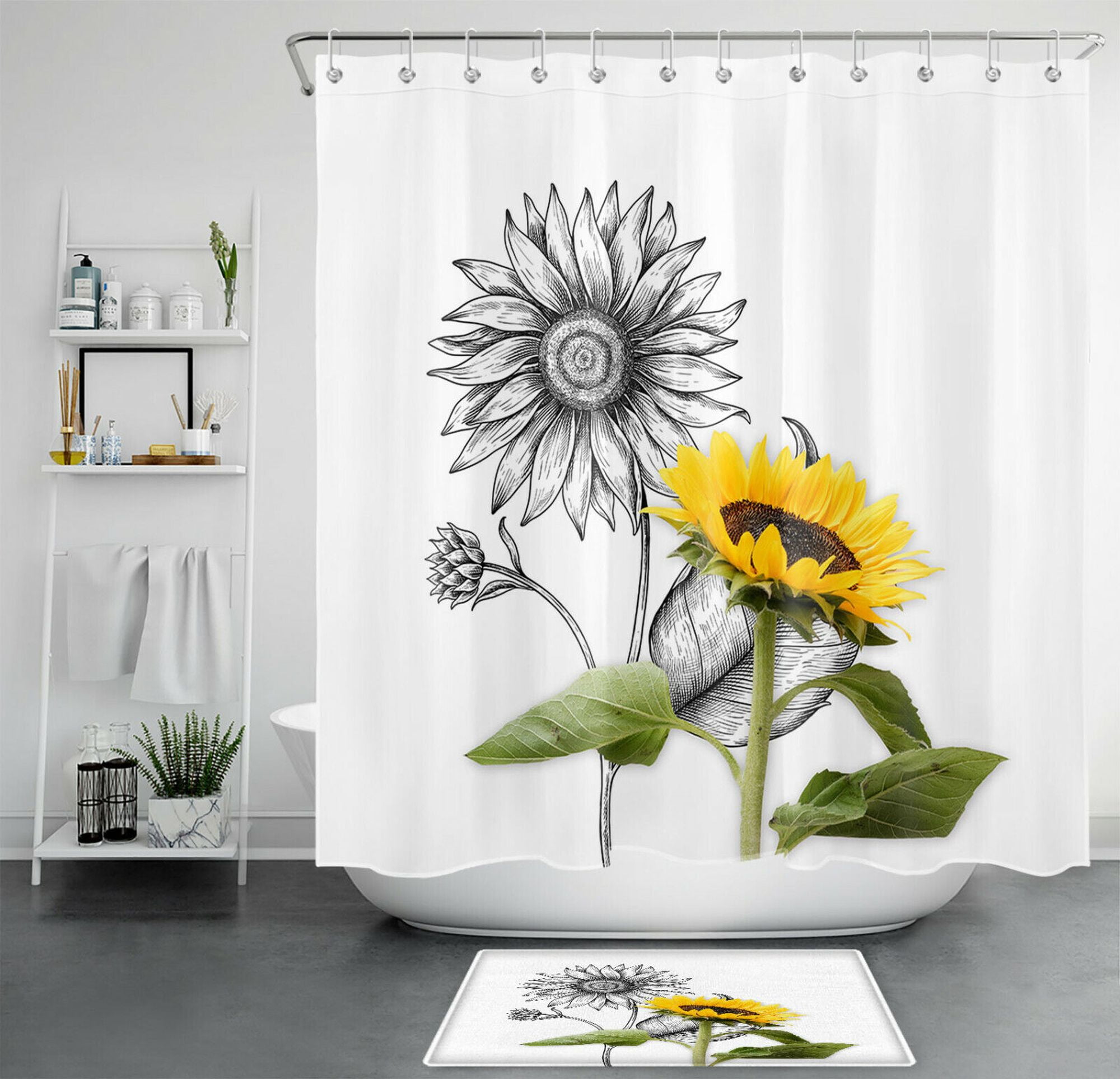 Golden Sunflower Black White Hand Drawn Shower Curtains For Bathroom ...