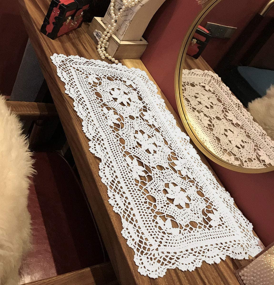 Elegant Handmade Crochet Cotton Table Runner White Lace Doily for Desk ...