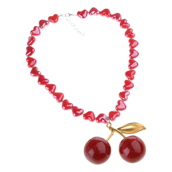 Elegant Heart Beaded Cherries Charm Necklace Fruit Pendant Neckchain ...