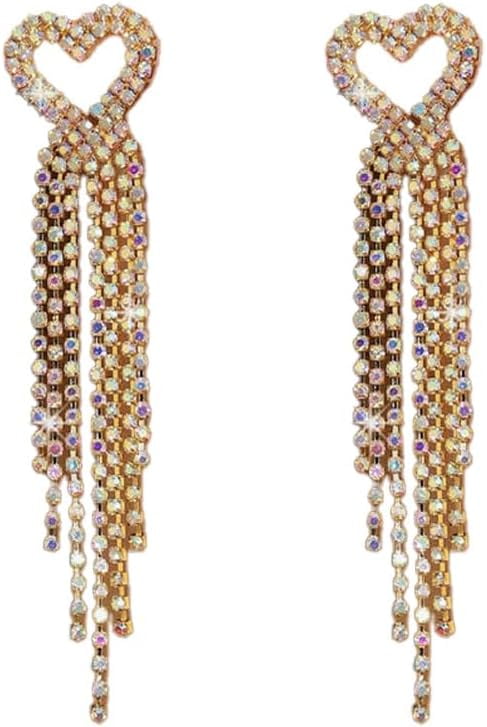 Elegant Heart Crystal Tassel Dangle Earrings, Long Rhinestone Drop ...
