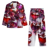 Elegant Heart Print Pajama Set - Women's Long Sleeve Button Down ...