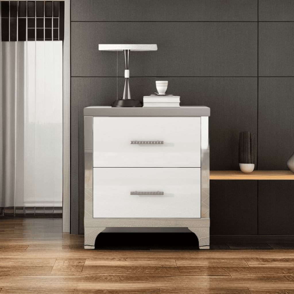 Elegant High Gloss Bedside Table with Metal Handles and 2 Storage ...