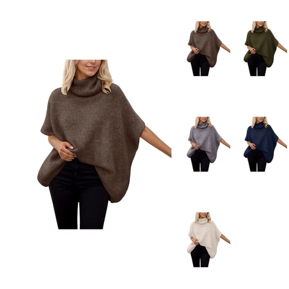 Elegant High Neck Pullover Sweater Soft Knitted Tunic Cape Shawl Wrap ...