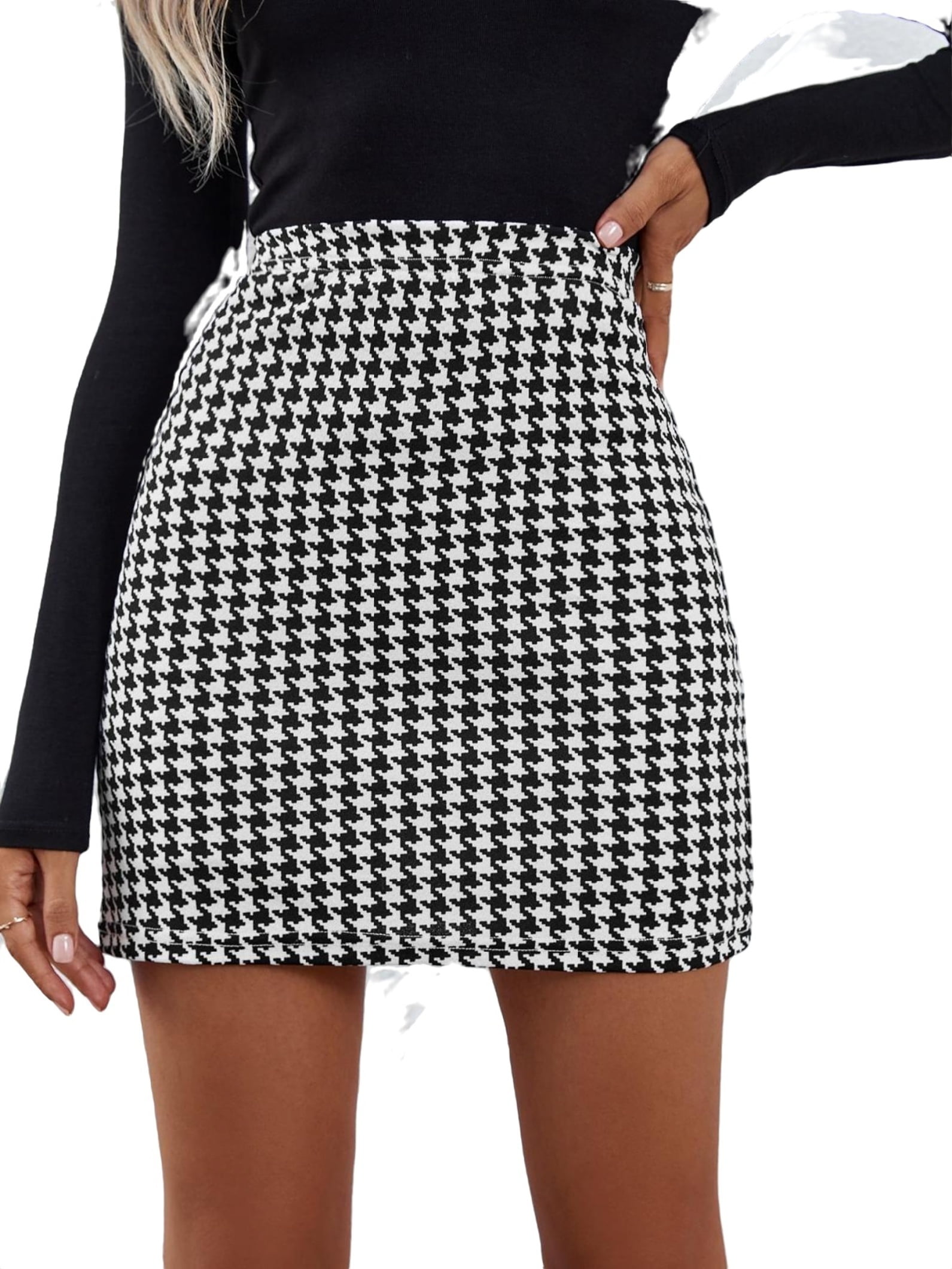 Elegant Houndstooth Print Straight Black and White Womens Skirts (Women ...