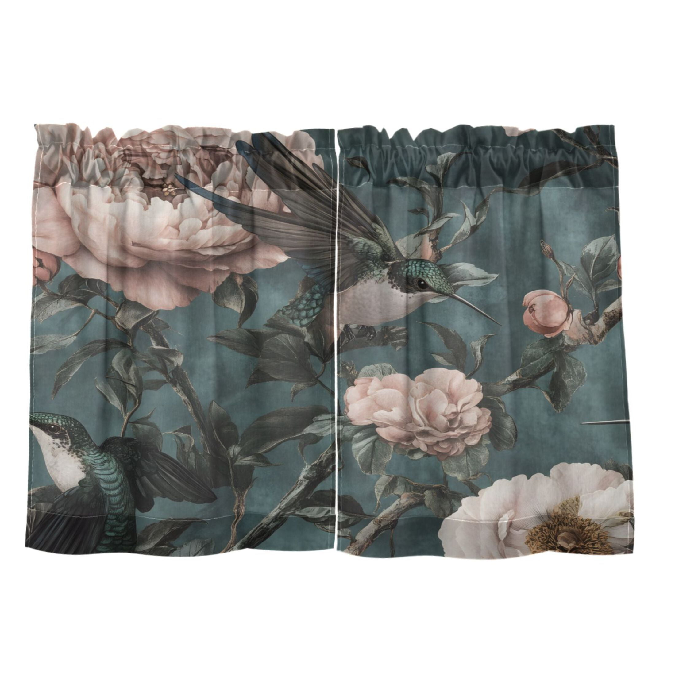 Elegant Hummingbirds Pattern 27"x24" Linen Look Cafe Curtain Set with ...