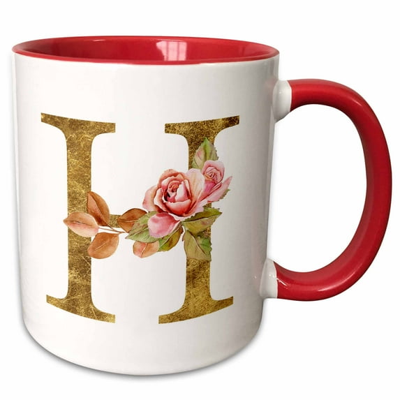 3drose, Elegant Image and Gold Boho Flower Monogram Initial H, 15oz Two ...