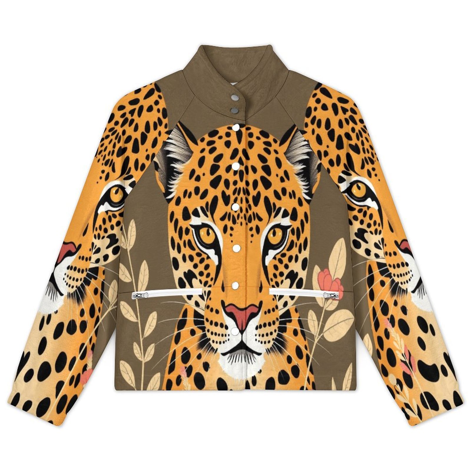 Elegant Jaguar Portrait Warm Women's Plush Jacket Stand Collar Full ...