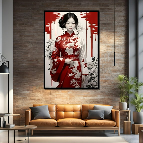 Elegant Japanese Woman In Red Kimono Or Art Print For Modern Wall Decor ...